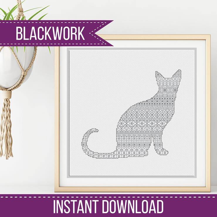 Blackwork Cat; Blackwork Pattern - by Peppermint Purple
