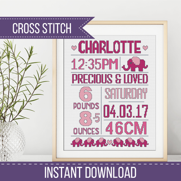 Baby Girl Cross Stitch Pattern – Peppermint Purple