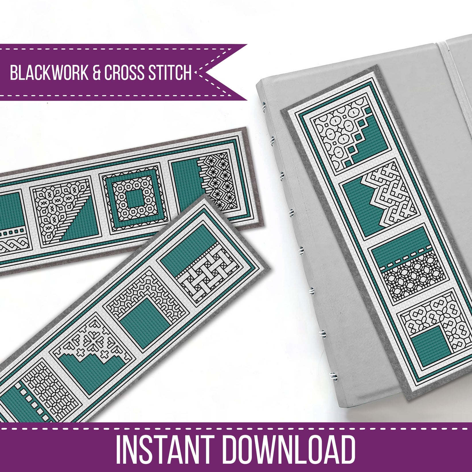 Teal Bookmarks; Blackwork Pattern - by Peppermint Purple