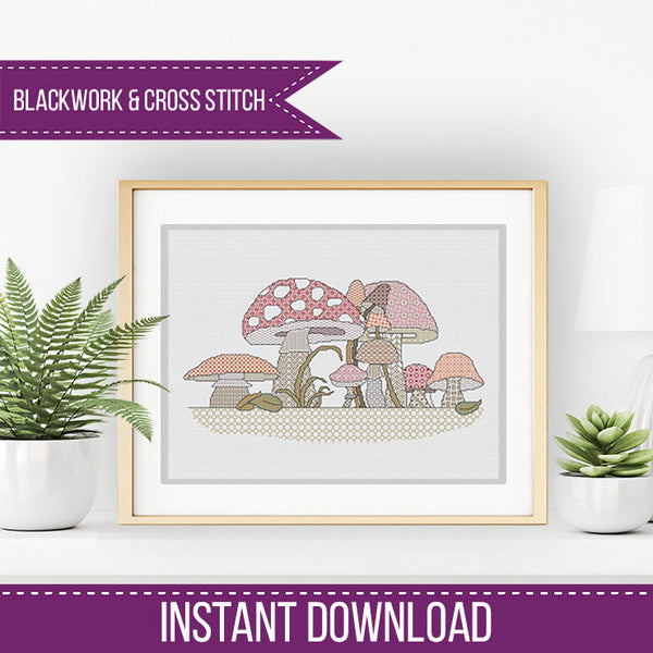 Toadstool Troop Blackwork; Blackwork Pattern - by Peppermint Purple