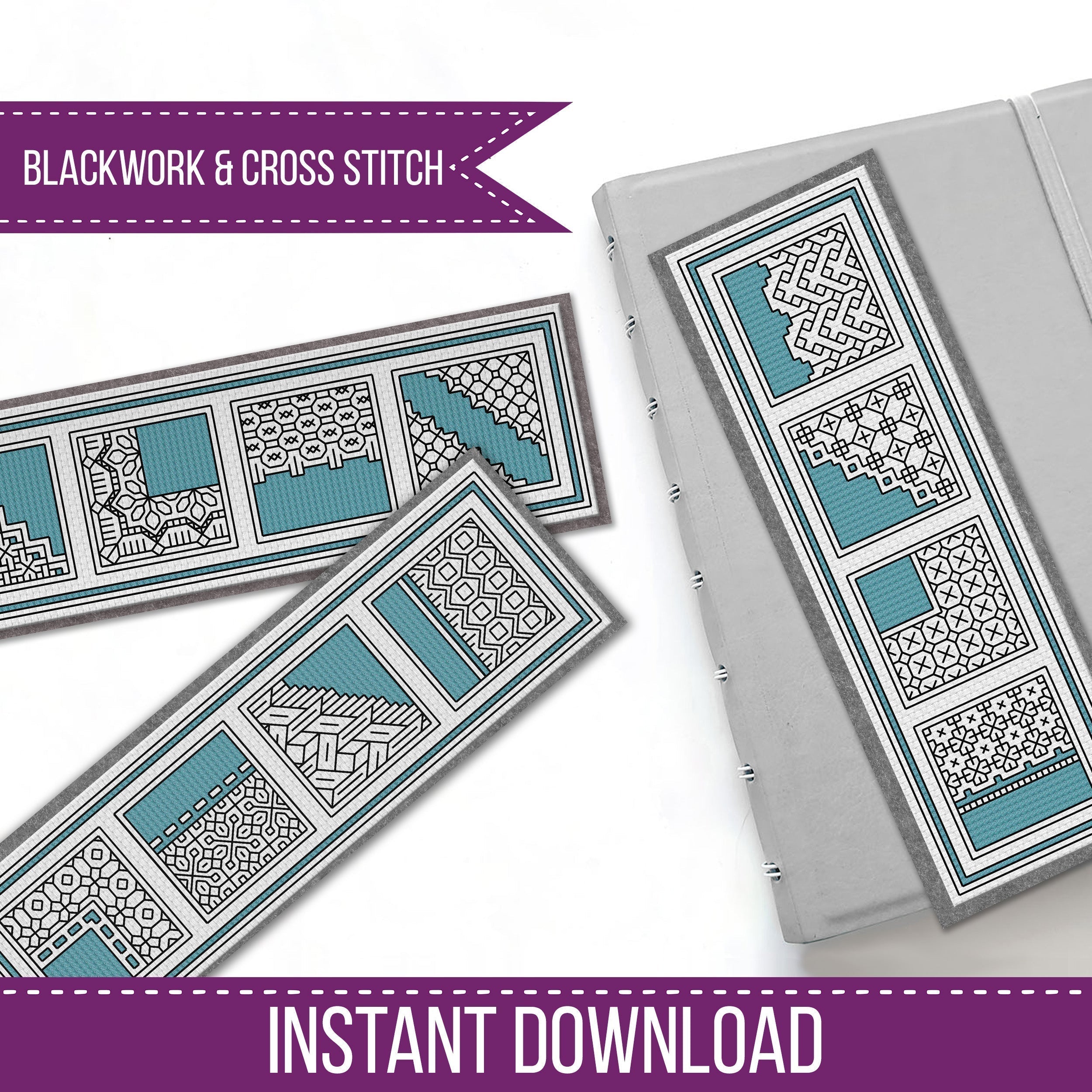 Turquoise Bookmarks; Blackwork Pattern - by Peppermint Purple