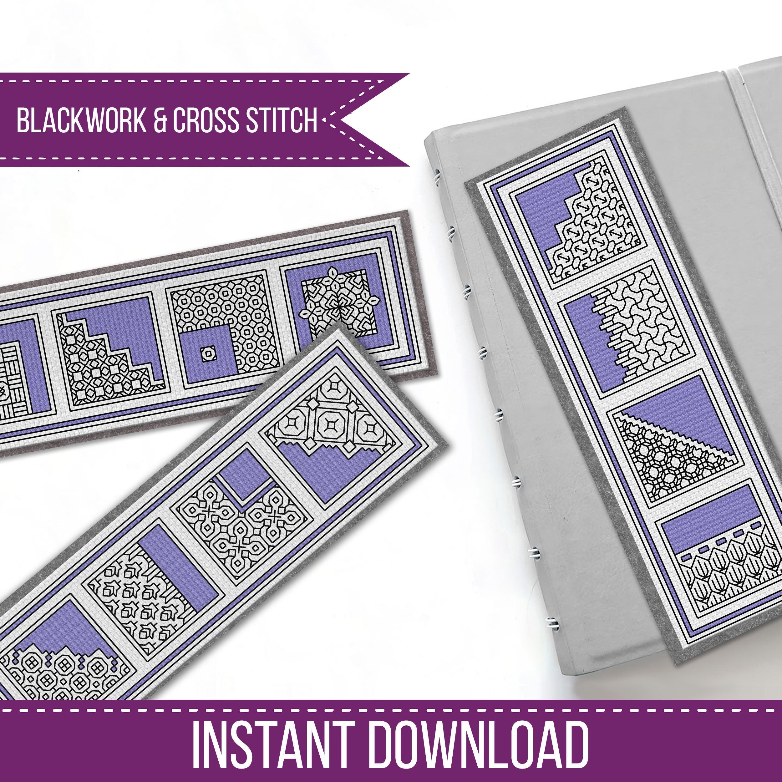 Blue Violet Bookmarks; Blackwork Pattern - by Peppermint Purple