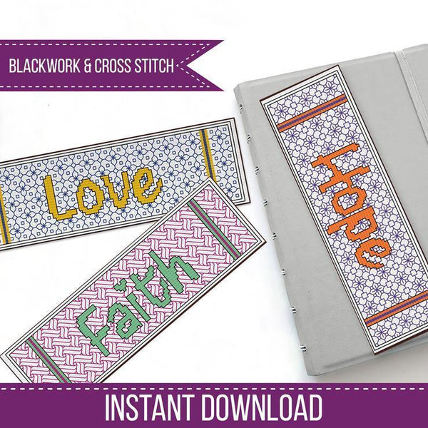 Faith, Love, Hope Bookmarks; Blackwork Pattern - by Peppermint Purple