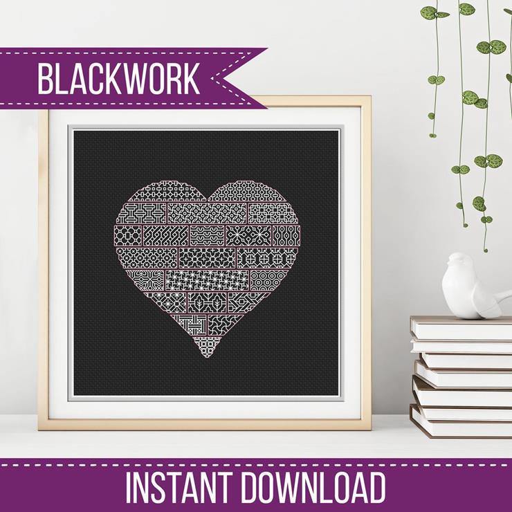 Heart On Black; Blackwork Pattern - by Peppermint Purple